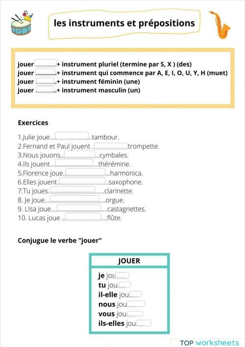 Préposition avec jouer + instrument. Fiche interactive | TopWorksheets