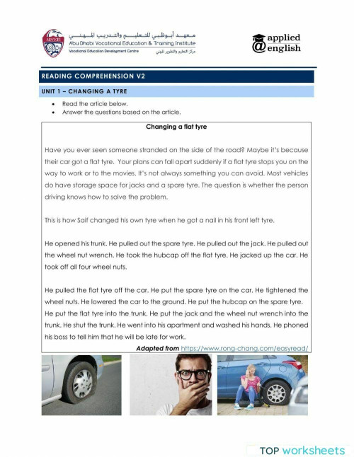 Reading Comprehension Change a flat tyre. Interactive worksheet ...