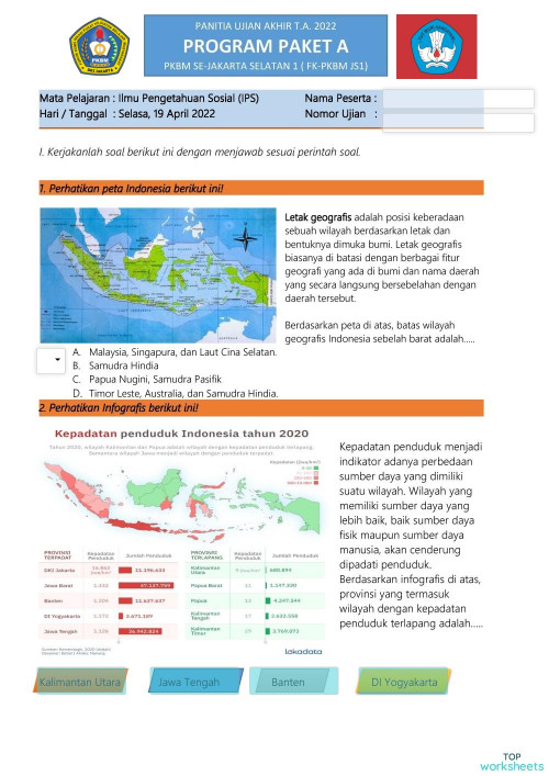 Soal UPK Paket A FK-PKBM JS1 - IPS. Interactive worksheet | TopWorksheets