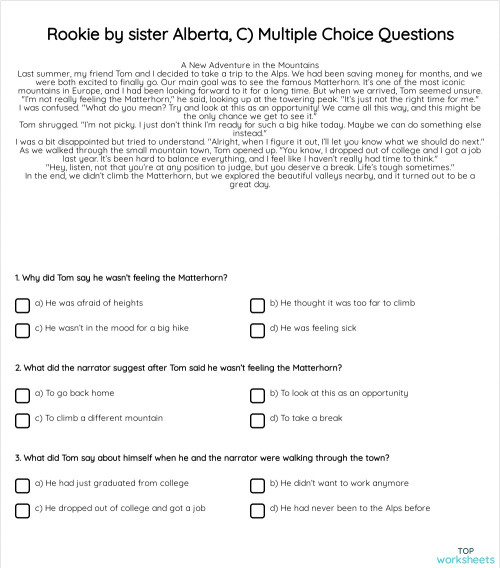 Rookie by sister Alberta, C) Multiple Choice Questions. Interactive ...