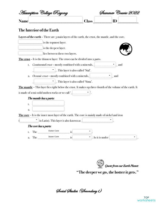 The Interior of the Earth. Interactive worksheet | TopWorksheets