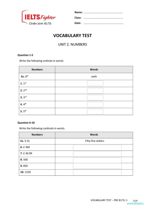PRE JUNIOR - VOCAB TEST 2 - NUMBERS (2). Interactive worksheet ...