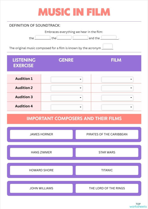 Music in film: interactive worksheets and online exercises | TopWorksheets