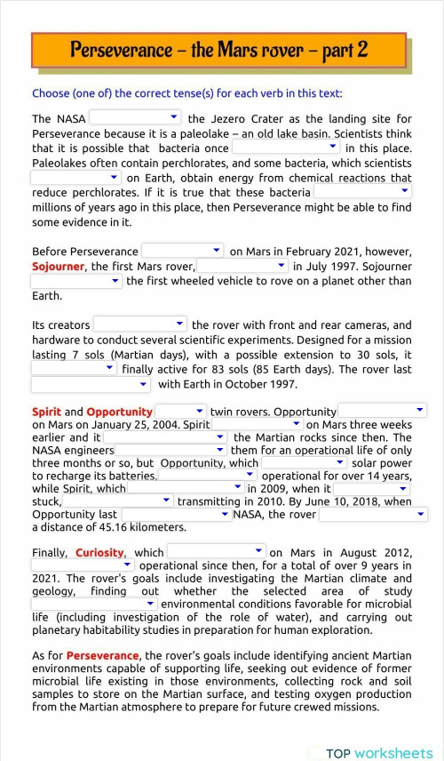 Perseverance - the Mars rover - 2. Interactive worksheet | TopWorksheets
