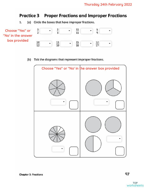 Proper Fractions and Improper Fractions. Interactive worksheet ...