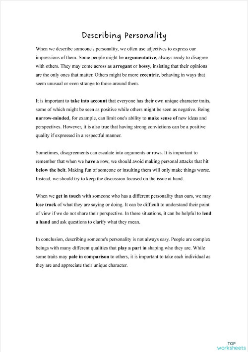 Personality. Interactive worksheet | TopWorksheets