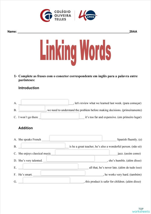 Linking words. Ficha interativa | TopWorksheets