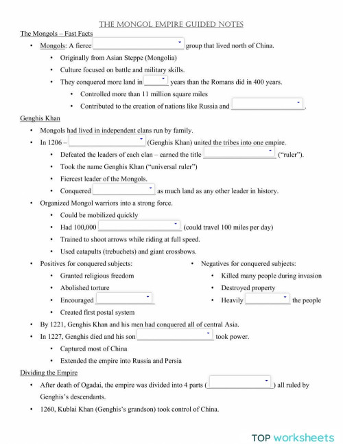 Mongol Empire Guided Notes. Interactive worksheet | TopWorksheets