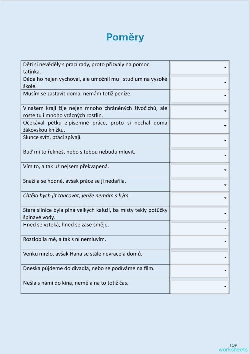 Čeština: interaktivní pracovní listy a online cvičení | TopWorksheets