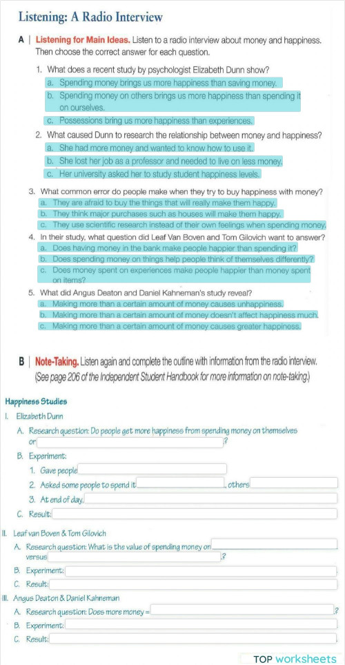 ALS 03 Listening Hapiness Studies. Interactive worksheet | TopWorksheets
