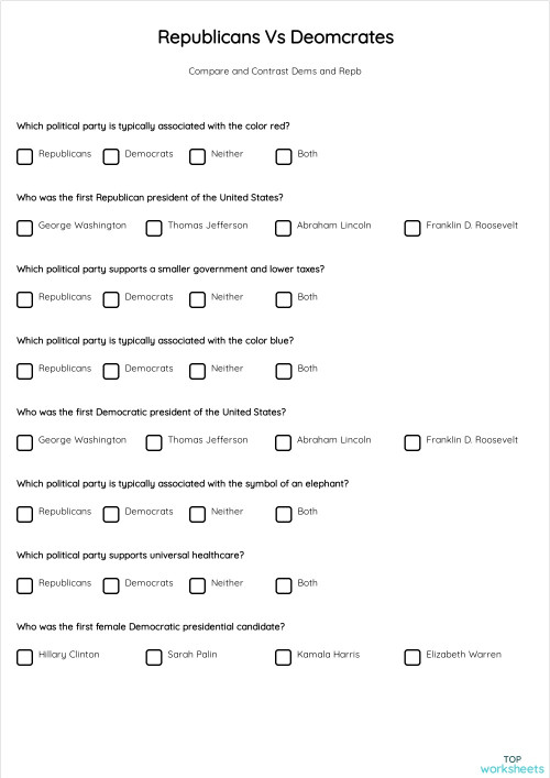 Republicans Vs Deomcrates. Interactive worksheet | TopWorksheets