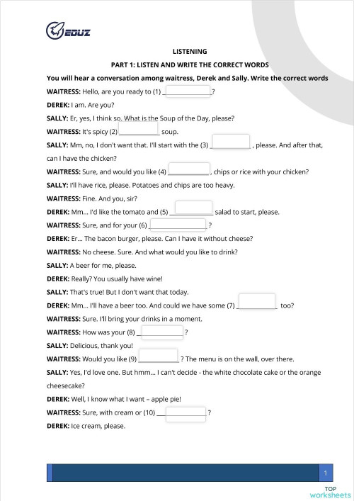 LISTENING PRACTICE: FOOD. Interactive worksheet | TopWorksheets