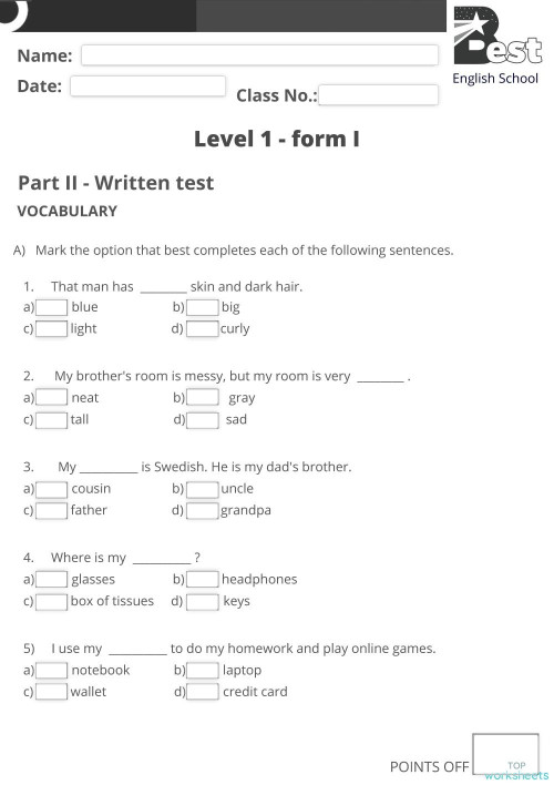 MIDTERM EXAM - Written (Level 1). Interactive worksheet | TopWorksheets
