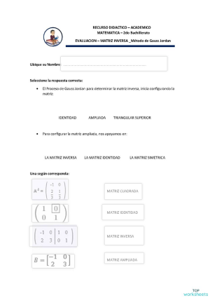 matriz inversa - Método de Gauss Jordan. Ficha interactiva | TopWorksheets