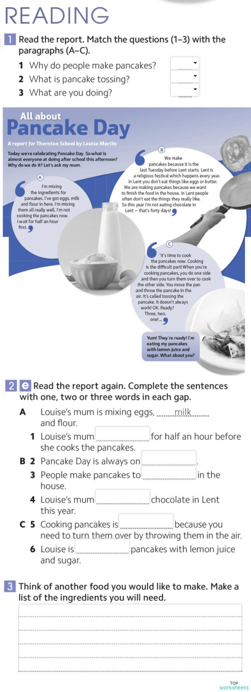 Reading - Pancake day - Fun with food. Interactive worksheet ...
