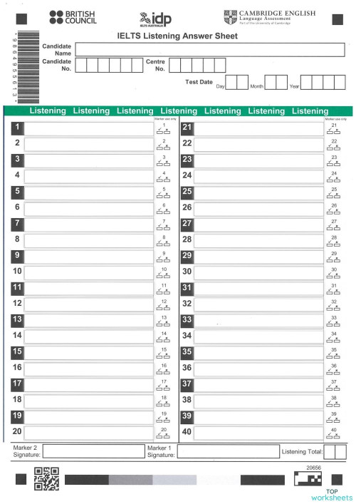 Listening Answer Sheet. Interactive worksheet | TopWorksheets