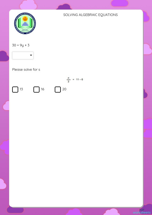 SOLVING ALGEBRAIC EQUATIONS. Interactive worksheet | TopWorksheets