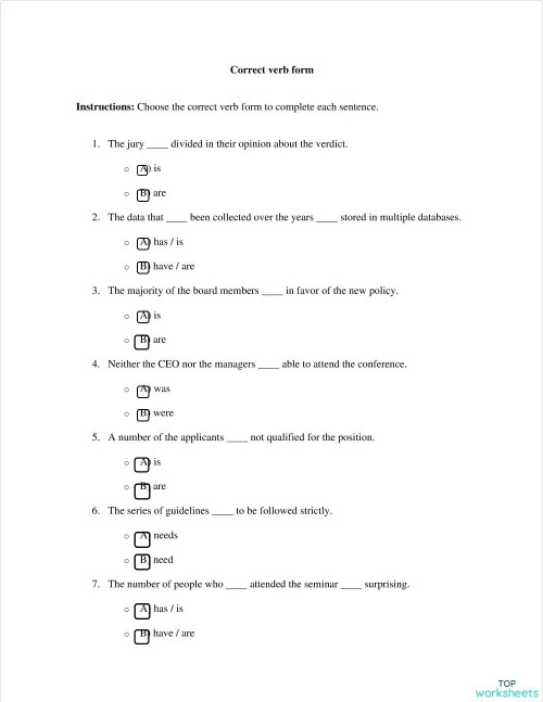 Correct form of the verb worksheet. Interactive worksheet | TopWorksheets