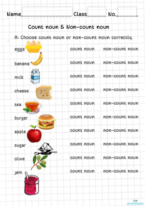 count noun and non-count noun ใบงานเชิงโต้ตอบ | TopWorksheets