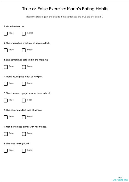 🧠 True or False Exercise: Maria’s Eating Habits. Interactive worksheet | TopWorksheets