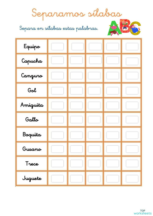Separamos Sílabas Ficha Interactiva Topworksheets