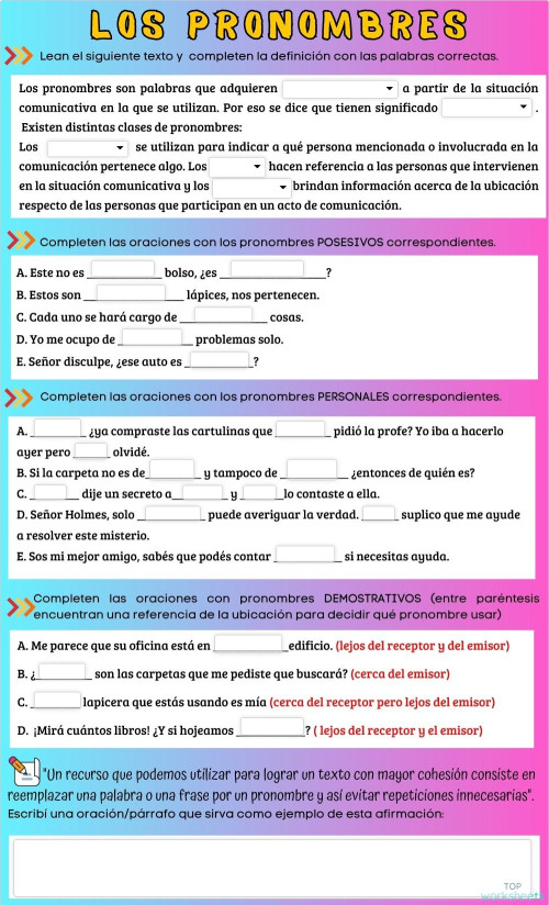 Pronombres: fichas interactivas y ejercicios online | TopWorksheets