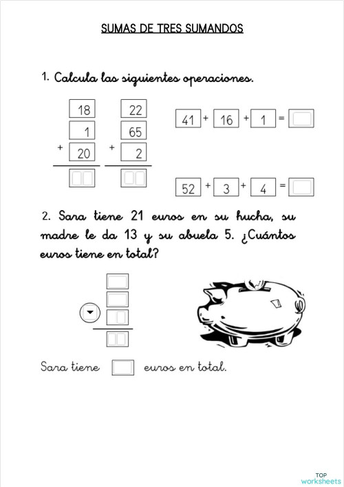 Sumas 3 sumandos sin llevada. Ficha interactiva | TopWorksheets