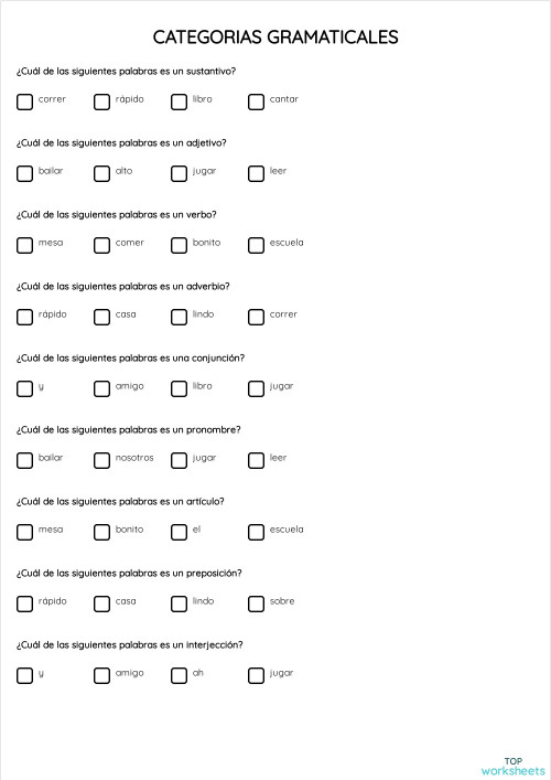 CATEGORIAS GRAMATICALES. Ficha interactiva | TopWorksheets