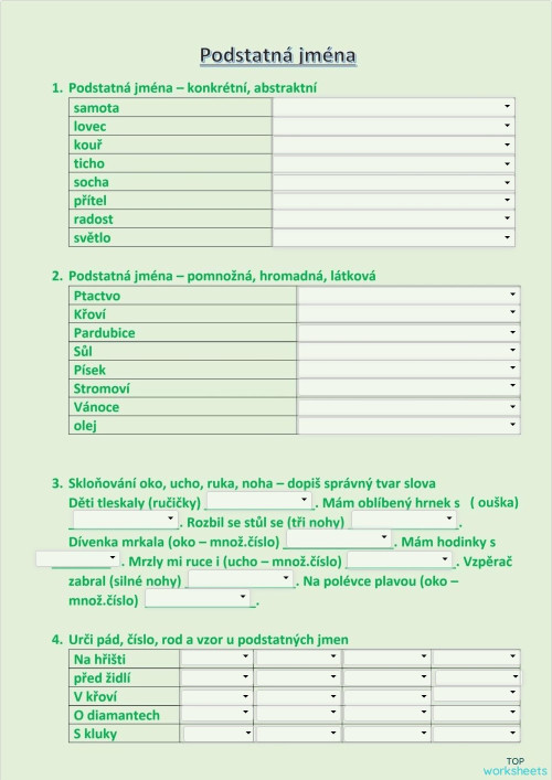 Čeština: interaktivní pracovní listy a online cvičení | TopWorksheets
