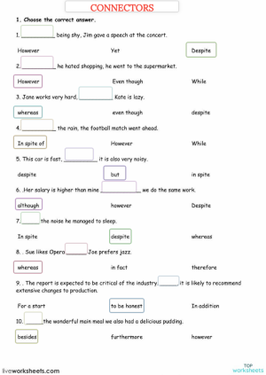 CONNECTORS WORKSHEET (DRAG THE CORRECT OPTION). Interactive worksheet ...
