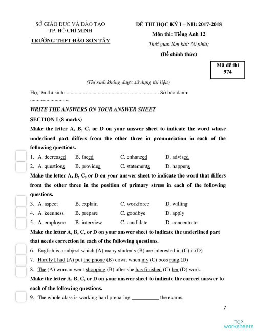 FINAL TEST 2 GRADE 12. Interactive worksheet | TopWorksheets