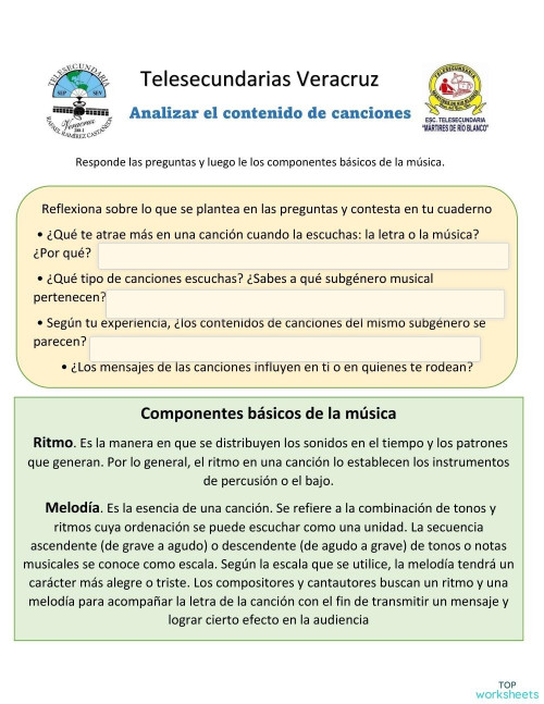 Analizar el contenido de canciones. Ficha interactiva | TopWorksheets