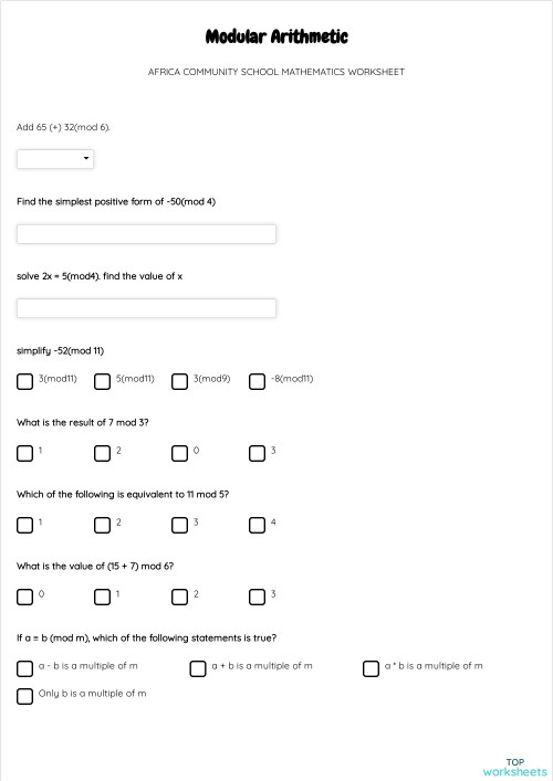 Modular Arithmetic. Interactive worksheet | TopWorksheets