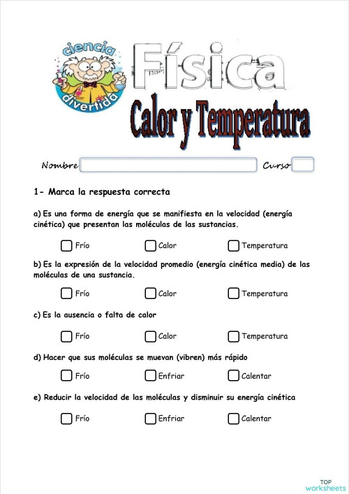 Calor, Temperatura y transferencia. Ficha interactiva | TopWorksheets