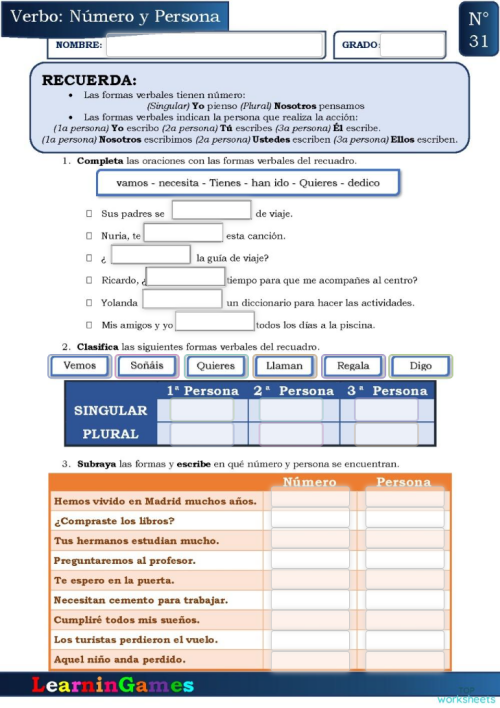 Verbo: Número y Persona. Ficha interactiva | TopWorksheets