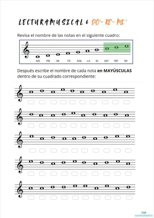LECTURA MUSICAL 6 (DO', RE', MI'). Ficha interactiva | TopWorksheets