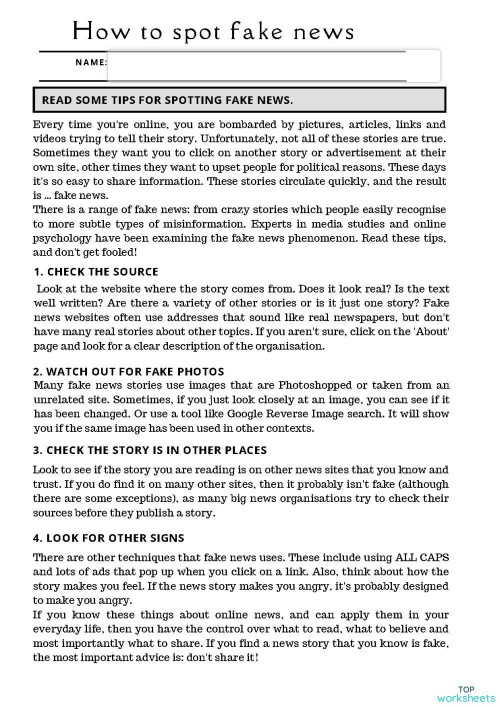 How to spot fake news. Interactive worksheet | TopWorksheets