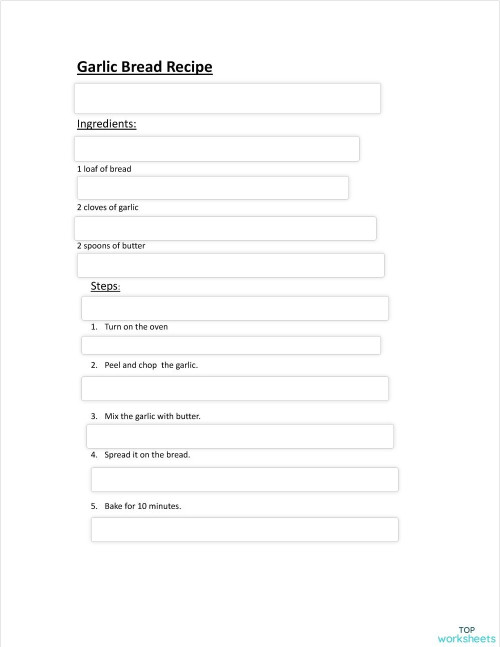 Garlic Bread Recipe. Interactive worksheet | TopWorksheets
