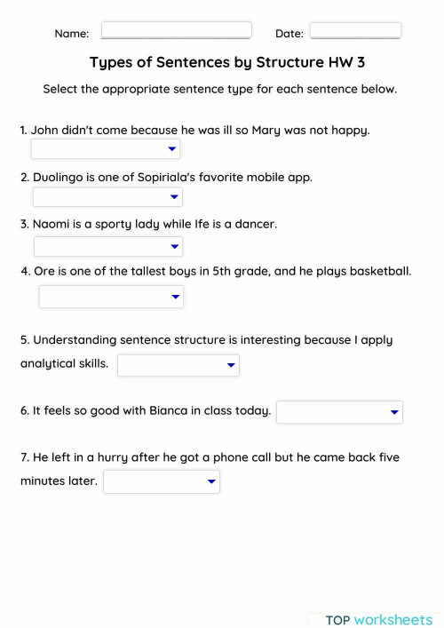 Types of Sentences by Structure HW3. Interactive worksheet | TopWorksheets
