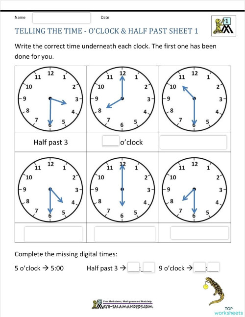 O'clock and Half past Worksheet. Interactive worksheet | TopWorksheets