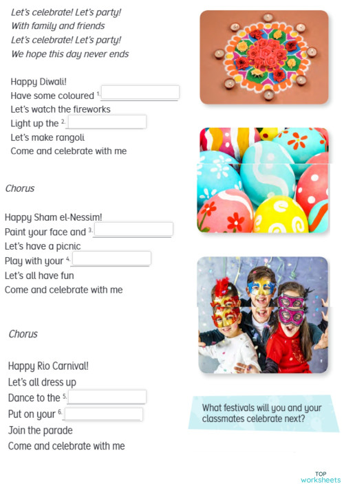 song activity special days. Interactive worksheet | TopWorksheets
