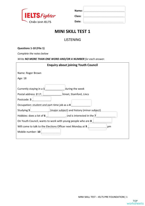 PRE F - Mini test 1. Interactive worksheet | TopWorksheets