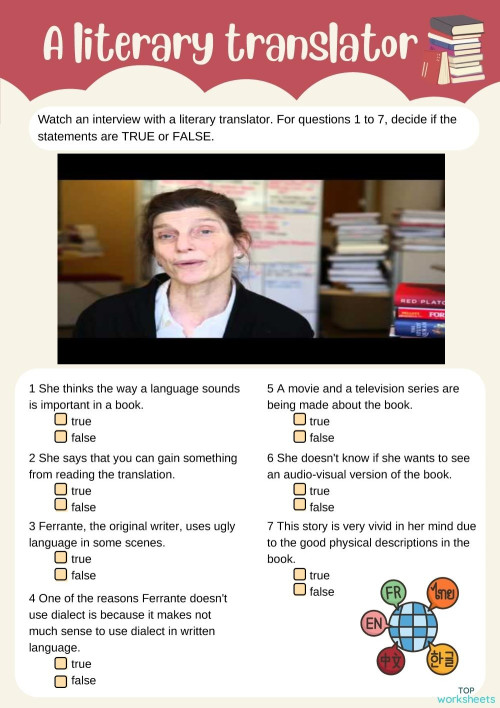 A LITERARY TRANSLATOR. LISTENING. Interactive worksheet | TopWorksheets