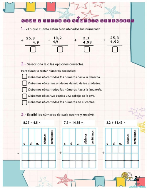 SUMA Y RESTA DE NÚMEROS DECIMALES 1. Ficha interactiva | TopWorksheets