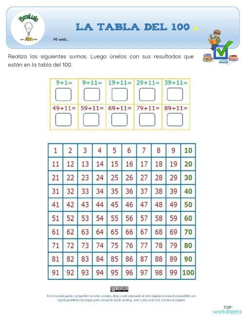 La tabla del 100: sumas 07. Ficha interactiva | TopWorksheets