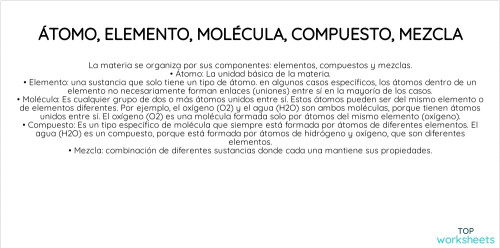 ÁTOMOS, ELEMENTOS, MOLÉCULAS, COMPUESTOS, MEZCLAS. Ficha interactiva ...