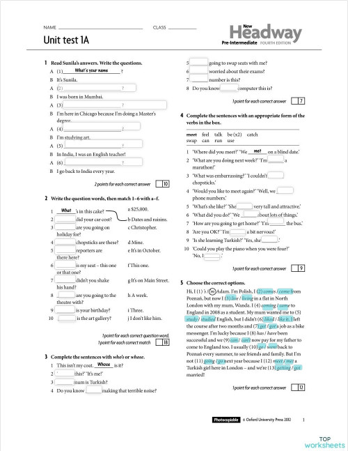 Pre-intermediate Unit 1 Test. Interactive worksheet | TopWorksheets