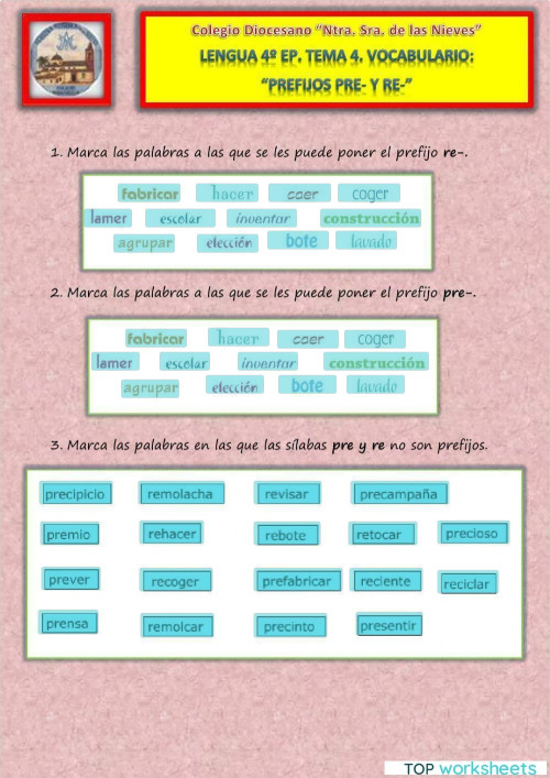 Tema 4. Vocabulario. Prefijos pre- y re-. Ficha interactiva | TopWorksheets