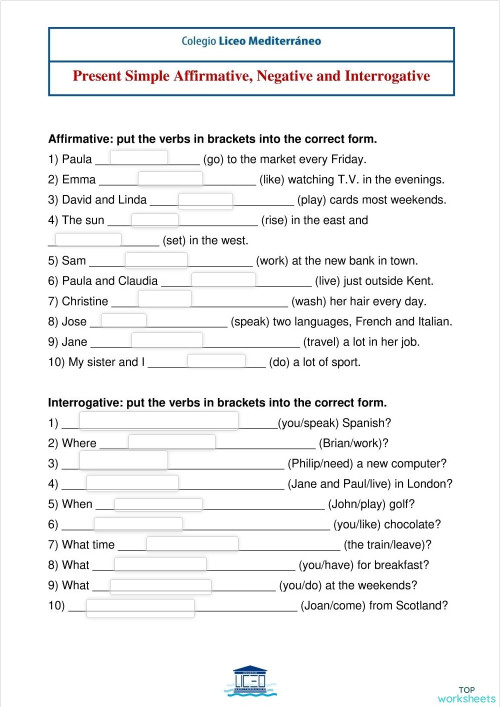 Present Simple affirmative, negative and Interrogative 1. Interactive ...