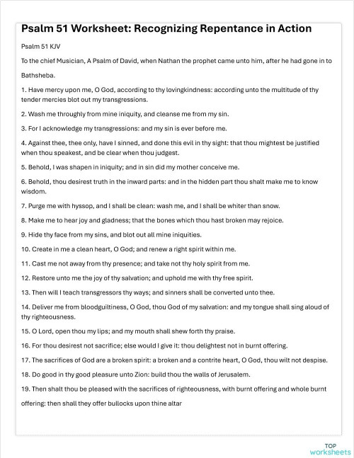 Psalm 51: Worksheet. Interactive worksheet | TopWorksheets